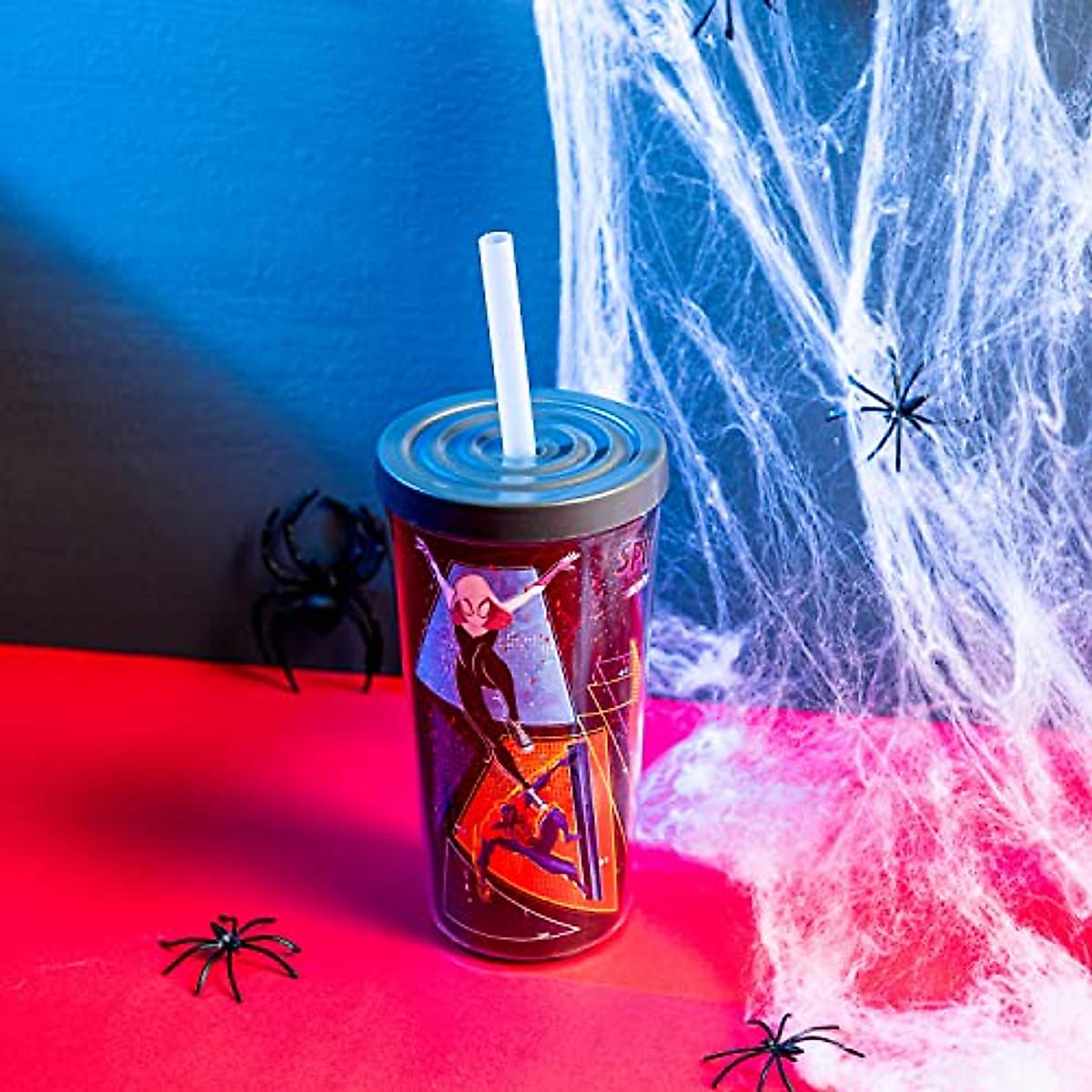 Zak Designs Marvel Spider-Man Across the Spider-Verse Movie Plastic Tumbler with Splash-Proof Lid and Straw, Durable Double-Wall Insulated Travel Cup Fits in Car Drink Holders (16oz, Non-BPA)