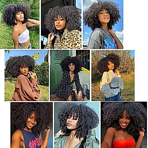 RunM Short Curly Afro Wig With Bangs for Black Women Kinky Curly Hair Wig Afro Synthetic Full Wigs（Black）