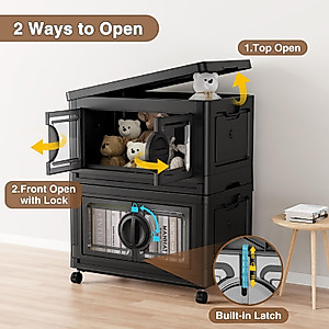 BROVIEW V9 112Gal Storage Bins with Lids, Stackable Collapsible Storage Bins with Wheels, Closet Organizers and Storage, Folding Plastic Cabinet with Doors for Home Office Garage, 4Pack Black