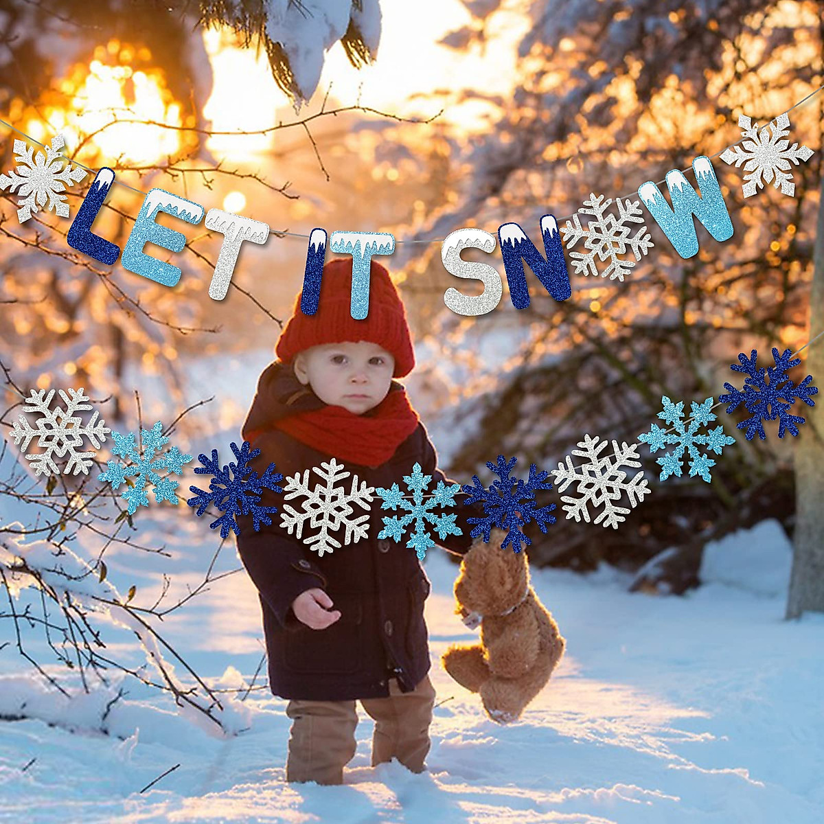 MZ.ogm Glittery Let it Snow Banner with Snowflake Garland Snowflake Decorations Let it Snow Decorations Winter Wonderland Decorations Happy Holidays Banner