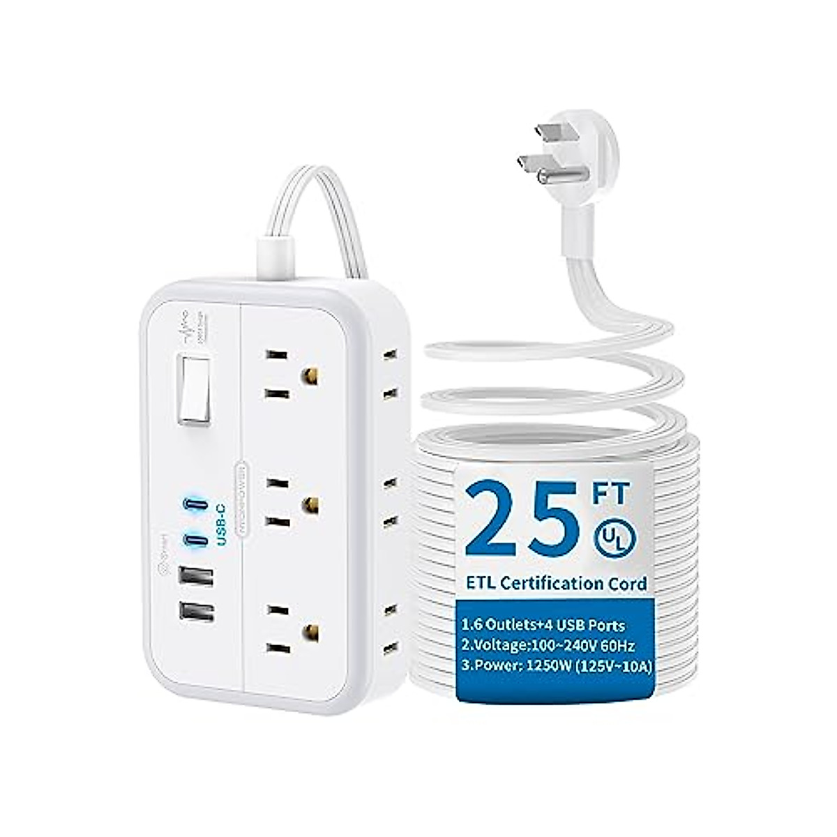 Flat Extension Cord 25 ft, NTONPOWER 2-Side Outlet Extender Surge Protector Power Strip with 6 Outlets 4 USB Ports, Mounted, Overload Protection for Indoor, Home, Office, Dorm Room Essentials