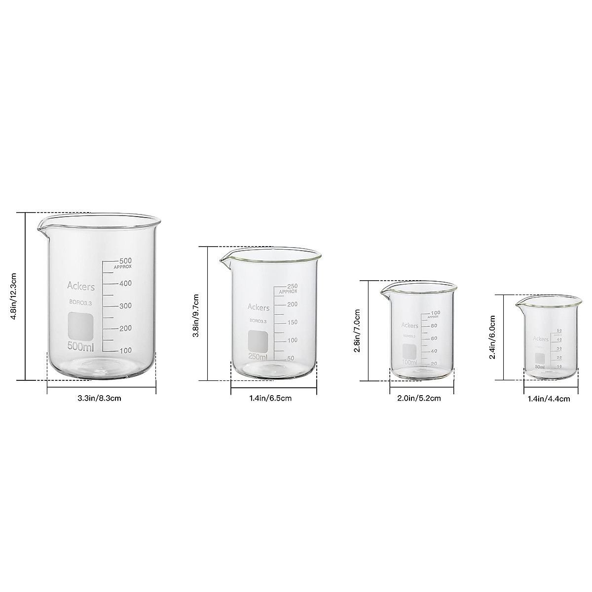 Ackers Boro3.3,Griffin Low Form Scientific Glass Beaker Set-25ml,50ml,100ml,200ml,250ml,400ml,500ml,1000 mL (Pack of 8) 丨4 Stirring Rods
