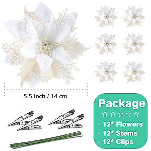 FurRain Christmas Poinsettia Artificial Flowers Decorations 5.5" Christmas Tree Wreaths Garland Decoration 12 Pcs Glitter Flowers Picks Decor for Xmas New Year Wedding Party Ornaments (White)