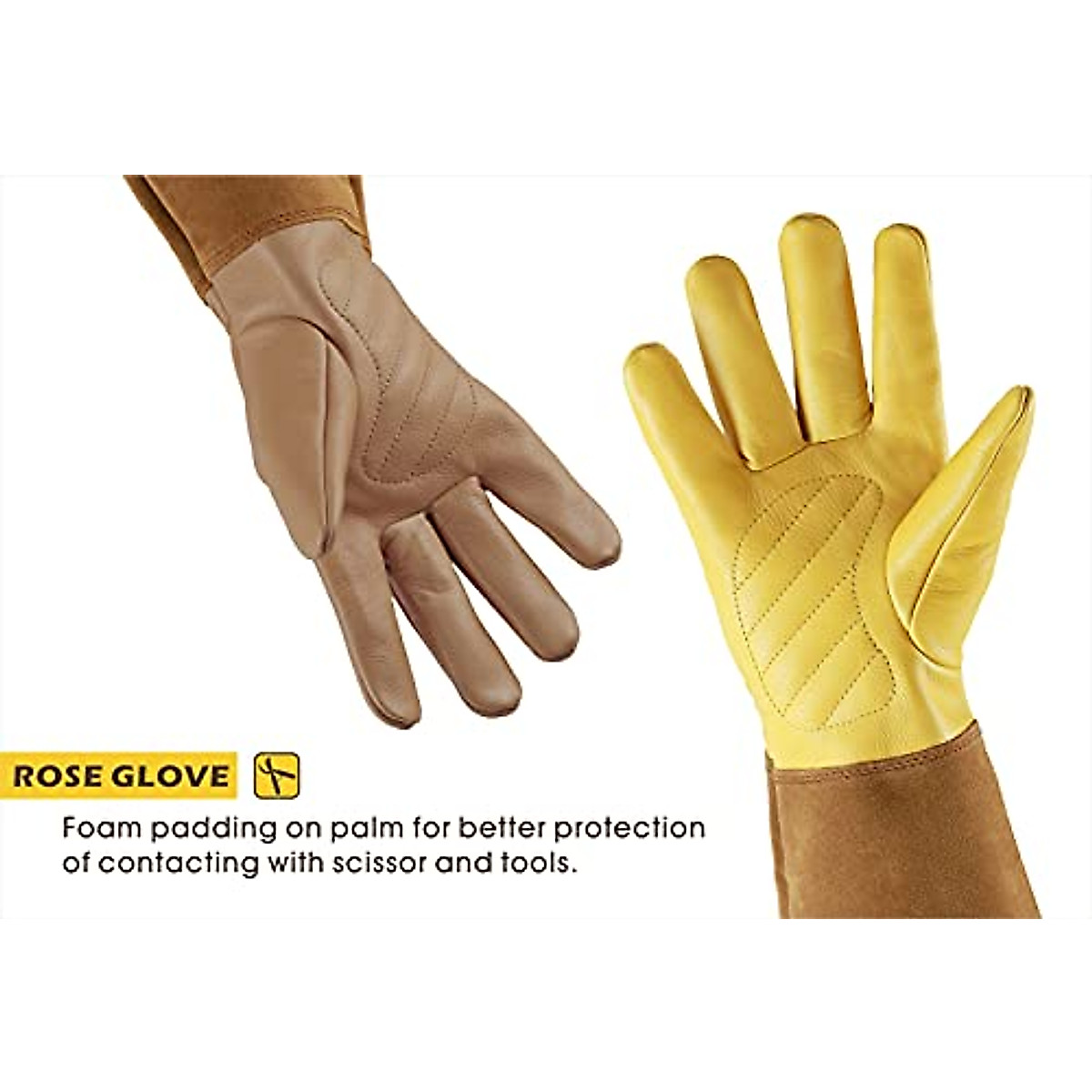 FOUR-AM 2Pairs Gardening Gloves Cut Proof Elbow Length Cowhide Leather Garden gloves women size (Yellow&Belge, Large(Yellow 1Pair))