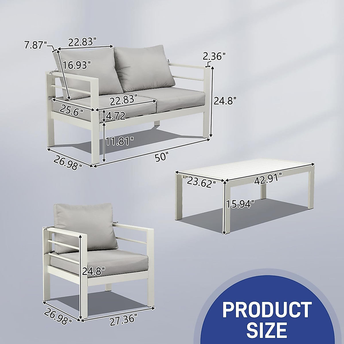 VINGLI Outdoor Furniture 4 Pieces Modern Aluminum Patio Furniture Set, Patio Sofa Set Outdoor Patio Conversation Sectional Set for Lawn, Garden, Backyard (White)