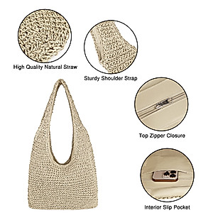 Women Large Straw Beach Bag Handmade Woven Shoulder Bags Hobo Tote Handbag Purse for Summer (Beige)