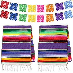 Dreamtop 2 Packs Mexican Table Runner 14 x 84 inch, Serape Table Runner for Mexican Party Wedding Decorations Outdoor Picnics Dining Table, Fringe Cotton Table Runners with 2 Pack Mexican Party Picado