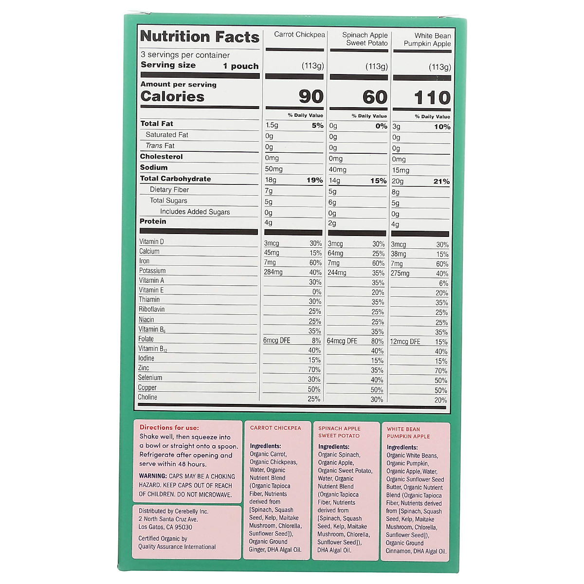 CEREBELLY Organic 10-11 Months Variety Pack Baby Purees 3 Count, 4 OZ