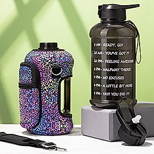 Fimibuke 64 OZ Water Bottle with Handle & Straw, Leakproof Motivational Sports Gym Water Bottle with Time Marker, BPA Free, Neoprene Holder, Leopard