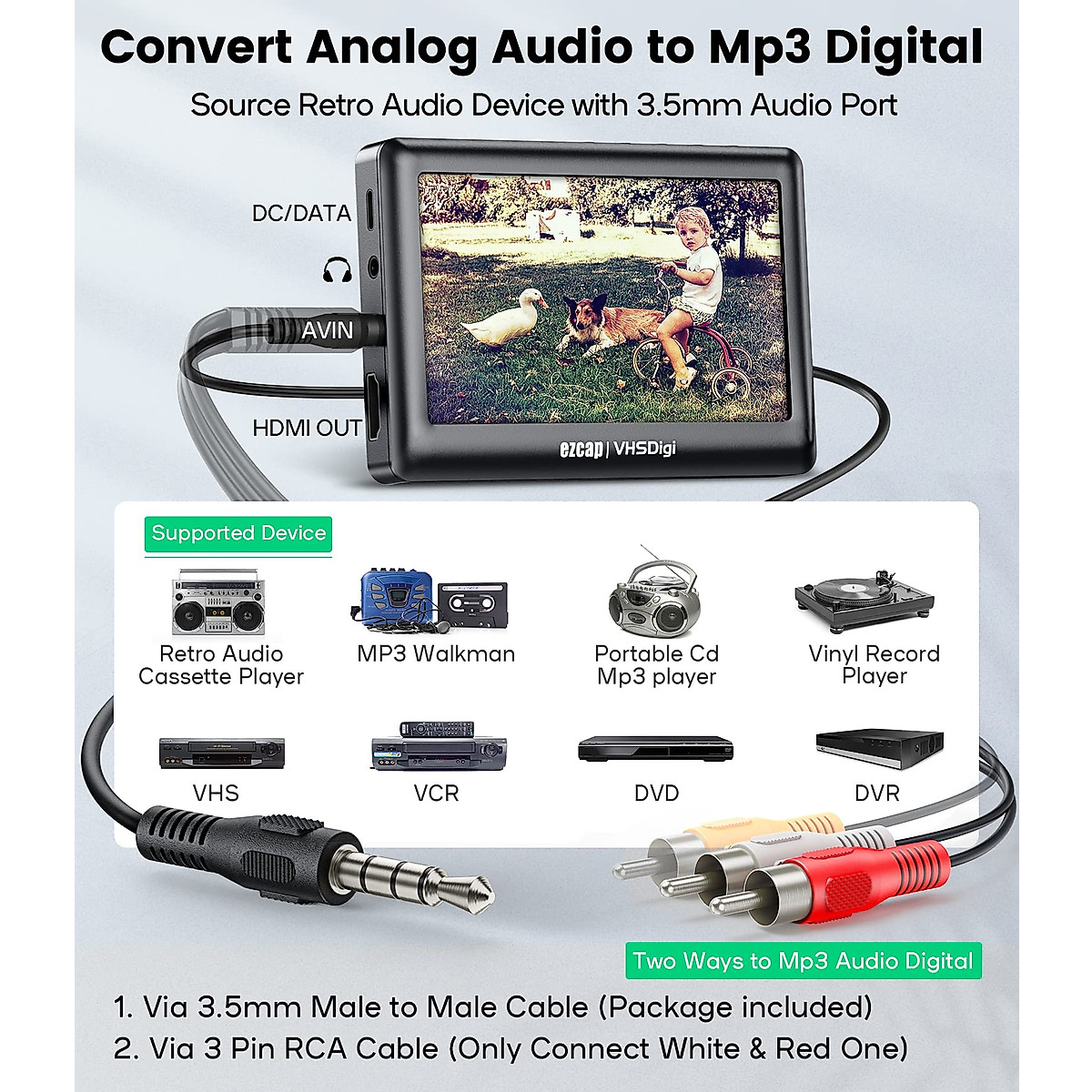 Convert Vhs to Digital Mp4 - Vinyl Cassette CD Player to Mp3 Converter - Vintage Video Audio Capture Box Adapter for Hi8 Player/8mm Tape/Vhs-c/Camcorder / Mini Dv Deck, Substitute Vhs to Dvd Machine