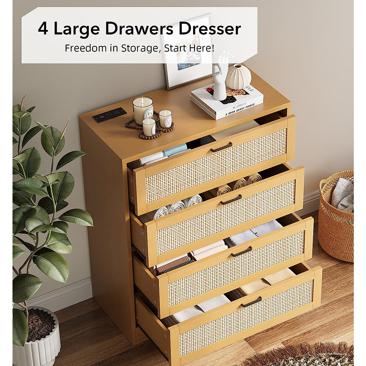 GarveeHome 4 Drawer Dresser Rattan Dresser, Tall Chest of Drawers, Wood Dresser for Bedroom, Closet, Living Room, Hallway