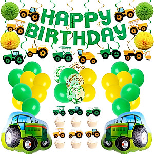 76PCS Green Tractor Themed Party Supplies with Tractor Banner Balloons Garland, Hanging Swirl and Cupcake Toppers for Farm Tractor Decorations As Themed Party Favors
