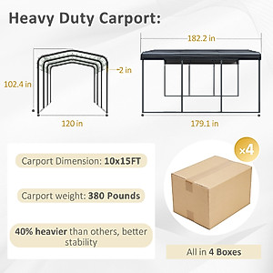 MUPATER 10' x 15' Heavy Duty Metal Carport Kit for Outdoor, Garage Car Shelter Shade with Metal Roof, Frame & Bolts for Car, Truck, Grey
