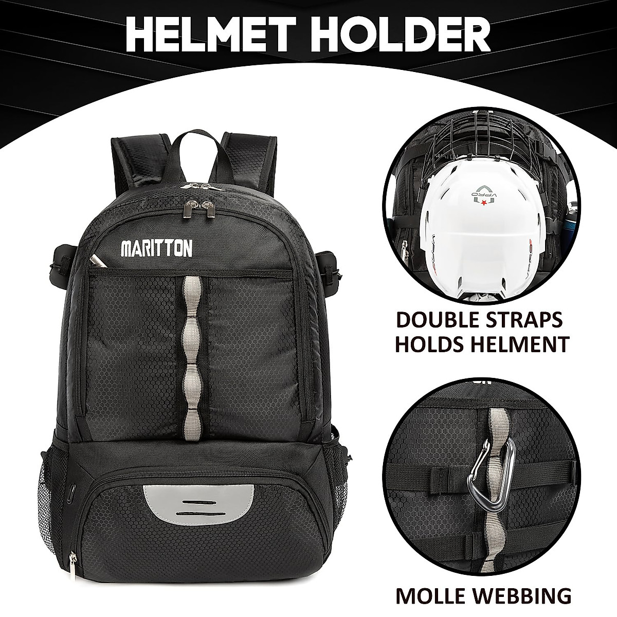 MARITTON Lacrosse Bag Backpack – Lacrosse Backpack Holds All Lacrosse or Field Hockey Equipment - Two Stick Holders and Separate Cleats Shoe Compartment. (BLK)