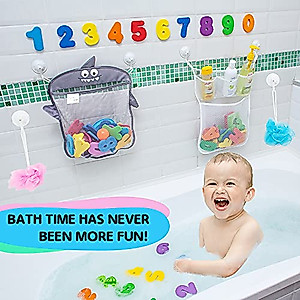 Comfylife Baby Bath Toy Organizer - Shark +36 Bath Letters & Numbers +Extra Bath Toy Storage Net & 10 Strong Hooks, Great Bath Net for Kids, Cute Bathtub Toy Organizer and Bath/Shower Caddy Solution