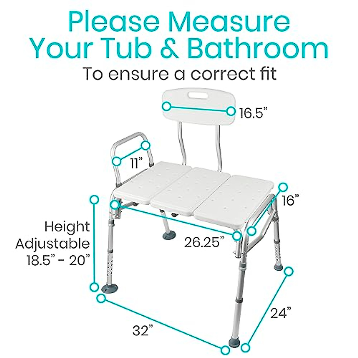 Vive Bariatric Shower Chair - Tub Transfer Bench with Height Adjustable Legs (400 Pound Capacity) - Reversible & Sliding Bath Seat with Backrest, Armrest, Wide Seat - For Seniors, Elderly