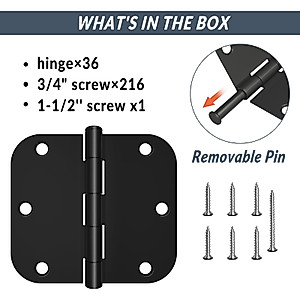 HOSOM 36 Pack Matte Black Door Hinges 3.5 x 3.5 Inch, Interior 3 1/2 Inch Door Hinges Rounded with 5/8 Radius Corners