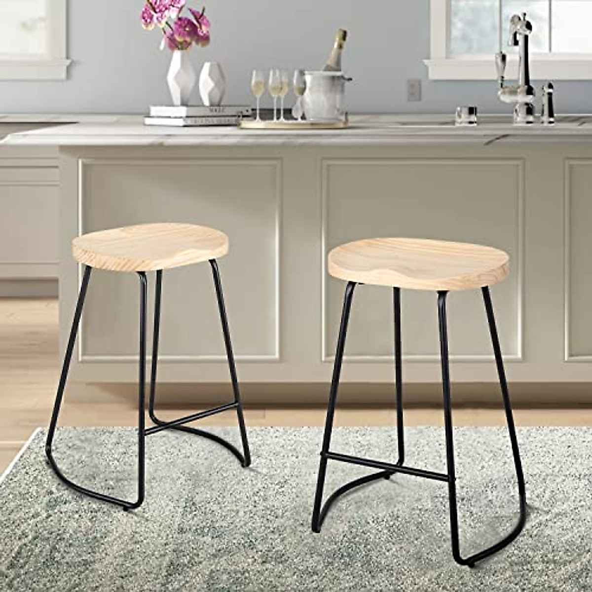 HeuGah Bar Stools, Solid Wood Barstools Set of 2, 26" Counter Height Bar Stools with Metal Leg,Rustic Backless Bar Stools for Kitchen Island,Bar Chairs with Solid Wood Saddle Seat (Burlywood, 26 Inch)