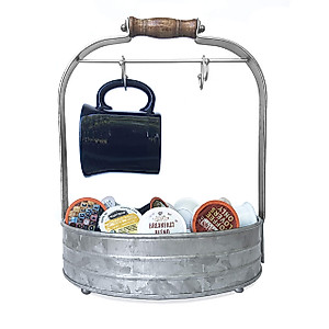 Autumn Alley Rustic Farmhouse Galvanized Coffee Mug Rack Organizer for Kitchen Counter | Mug Tree with Cup Hooks and Basket for Storage of k Cups and Accessories | Perfect for Coffee Bar
