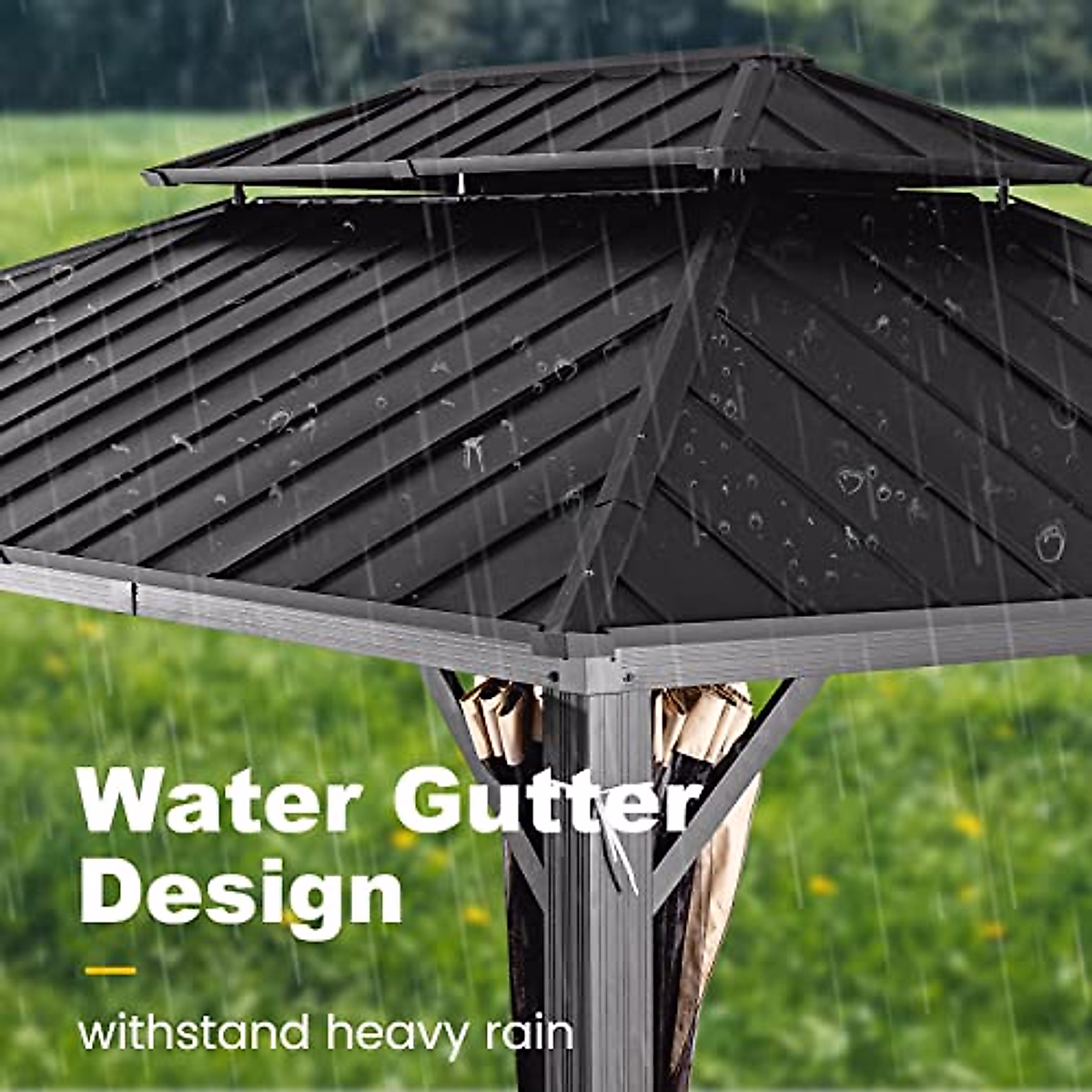 12' x 16' Gazebo, Outdoor Double Roof Canopy Hardtop Gazebo with Large Aluminum Frame, Galvanized Steel Top Gazebo with Ventilation and Mosquito Nettings, for Patio, Backyard, Deck and Lawns