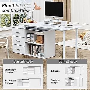 Anbuy L-Shaped Desk with Monitor Stand, Large Corner Computer Office Desk with Reversible 3 Drawers File Cabinet and Shelves, Modern Study Writing Table Workstation with Storage Cabinet