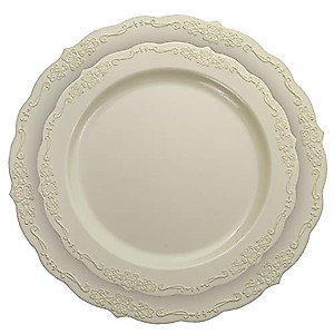 80 Pcs Cream Plastic Party Plates Set - 40 Large 10.25 in Dinner Plates - 40 Small 7.5 in. Salad/Dessert Plates - Heavy Duty Disposable China - Fancy Caterers Victorian Design - Bpa Free (Cream)