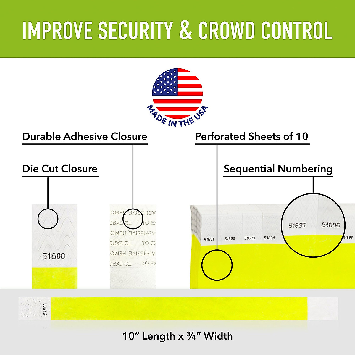 WristCo 3/4" Tyvek Wristbands | Lightweight |Durable | Waterproof | Great for Events and Screening | Neon Yellow | 500 Paper Wristbands