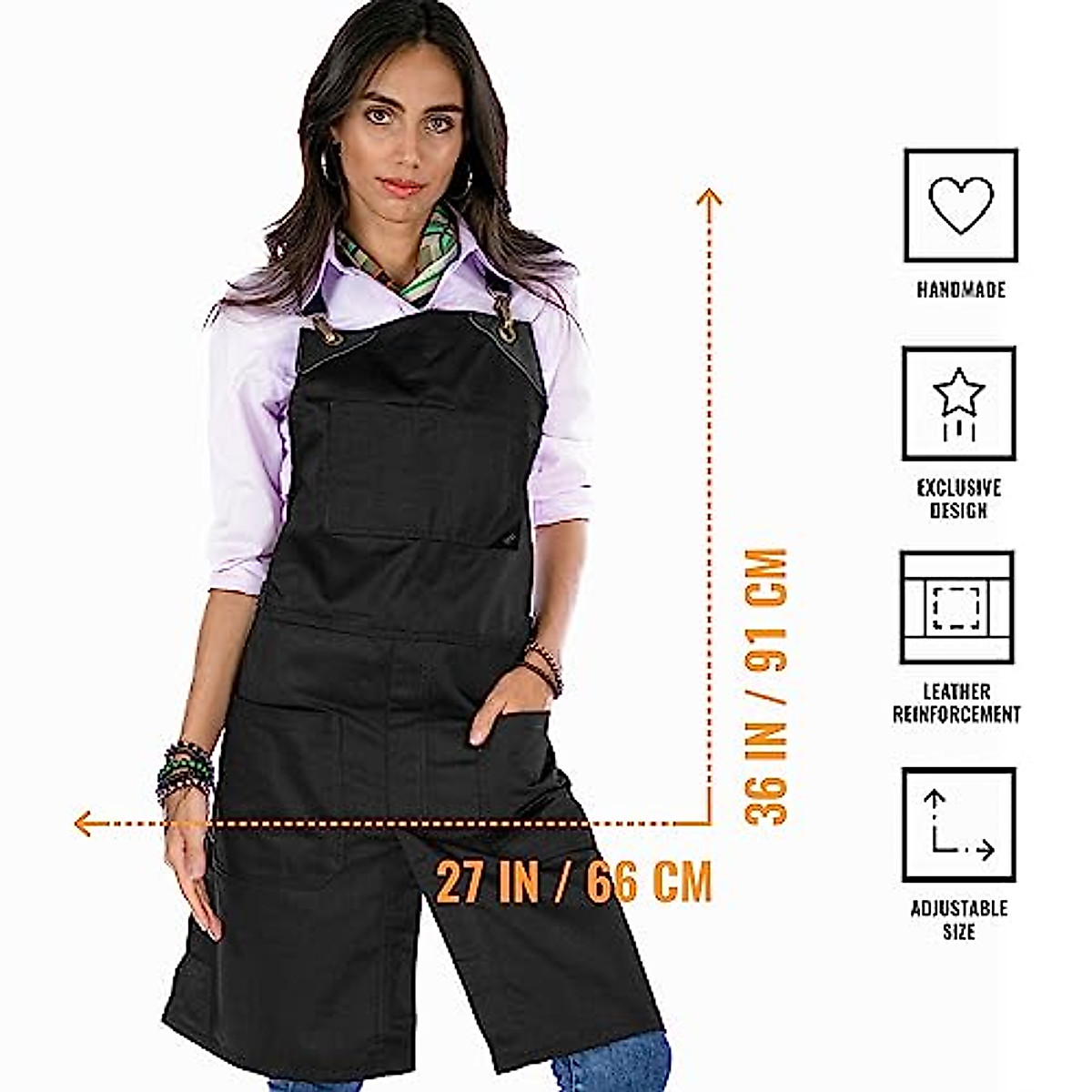 Under NY Sky Cross-Back Deep Black Apron - Durable Twill with Leather Reinforcement and Split-Leg - Adjustable for Men and Women - Pro Chef, Tattoo, Baker, Barista, Bartender, Stylist, Server Aprons
