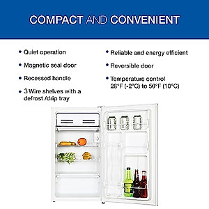 Koolatron Compact Fridge w/Freezer, 3.2 cu ft (91L), White, Space-Saving Flat Back Design, Reversible Door, Full-Width Freezer, Snacks, Beverages, Beer, Den, Dorm, Office, Rec Room, Home Bar