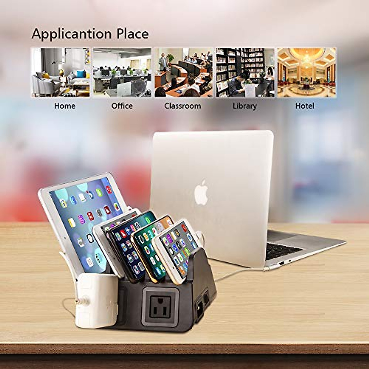 UDOLI 5 USB Ports Charging Station Organizer for Multiple Devices Fast Charging Desktop Stand for Apple Android Phone Tablet 1600W 2 AC Power Outlets Charger Dock for Home Office 3 Prong Cord Black