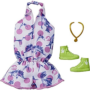 Barbie Doll Clothes Inspired by Jurassic World: Dominion, Complete Look, 2 Accessories, Shorts Romper with Pink Polka Dot & Dinosaur Print, Lime Green Boots & Necklace, Gift for Kids 3 to 8 Years Old