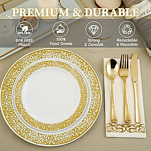 FOCUSLINE 175 Gold Dinnerware Set for 25 Guests, White Plastic Plates with Gold Lace Rim Design, Including 25 Disposable Dinner and Dessert Plates, 25 Silverware Set, 25 Cups, 25 Napkins