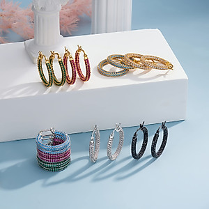 925 Sterling Silver Post Hoop Earrings for Women Gilrs Black Cubic Zirconia 14K Gold Plated Chunky Gold Hoop Earrings weinuo Jewelry