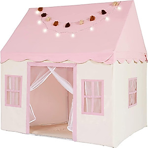 Large Kids Tent with mat, Star Lights, Tissue Garland, Play Tent Indoor & Outdoor, Kids Play Tent for Girl & Boy Aged 3+, Kids Tent for Toddler, 52" x35" x 52" Play House with Windows, Washable, Pink