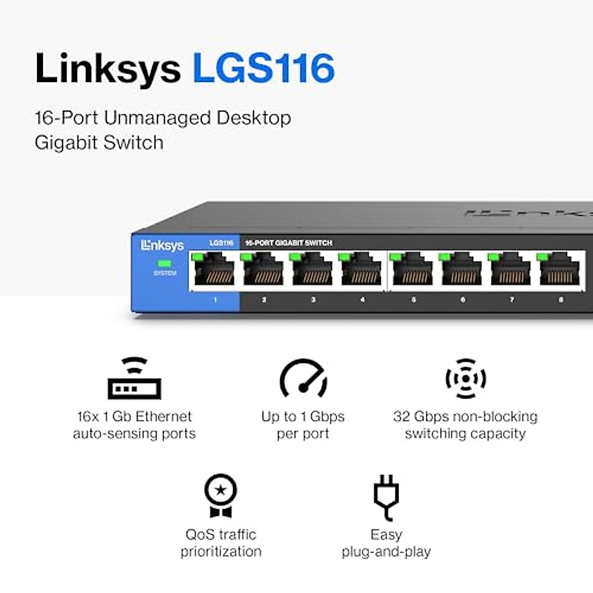 Linksys LGS116 16 Port Gigabit Unmanaged Network Switch - Home / Office Ethernet Switch Hub with Metal Housing - Wall Mount or Desktop Ethernet Splitter, Easy Plug & Play Connection