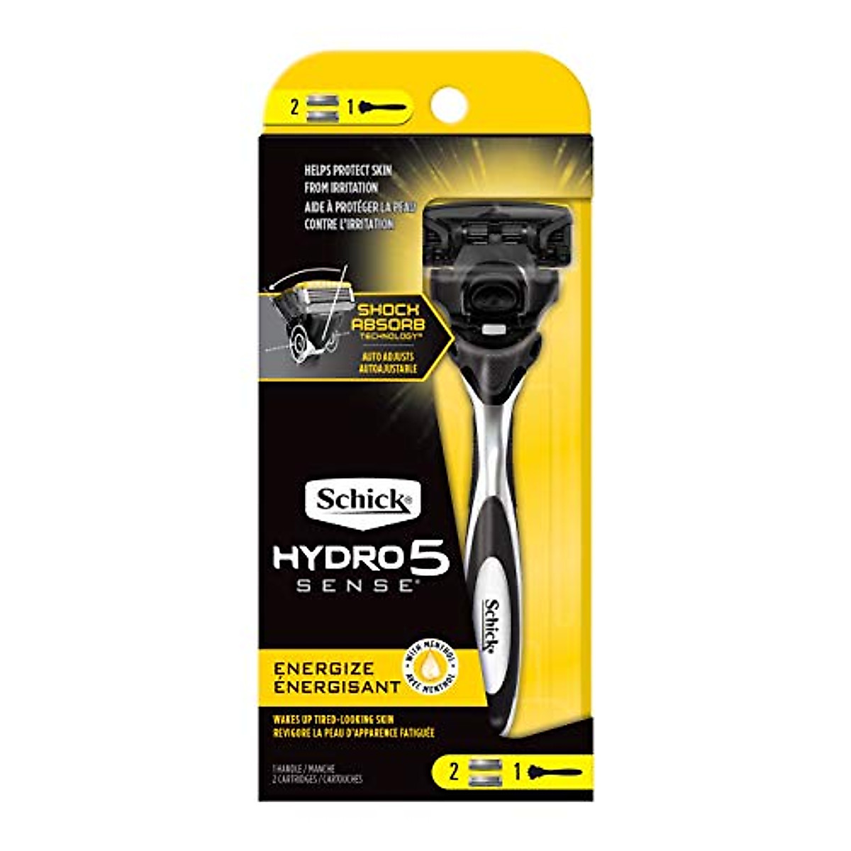 Schick Hydro 5 Sense Energize Razor with Shock Absorb Technology for Men, 1 Handle with 2 Refills