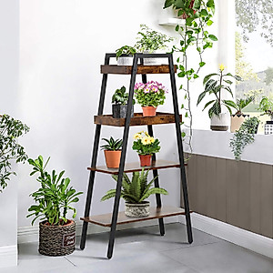 VECELO Ladder Bookshelf-4 Tier, Wood Storage Rack Industrial Bookcases Metal Frame, Plant Flower Stand for Living Room, Home Office, Kitchen, Bedroom, Easy Assembly, Rustic Brown
