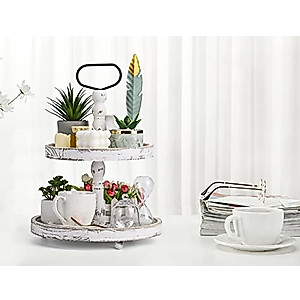Farmhouse Wooden Decorative Two Tiered Trays+ Pu Leather Tray,Wood 2 Tier Serving Tray Stand for Rustic Table Centerpiece,Kitchen Decor,Coffee Bar, or Cupcake Stand (White)