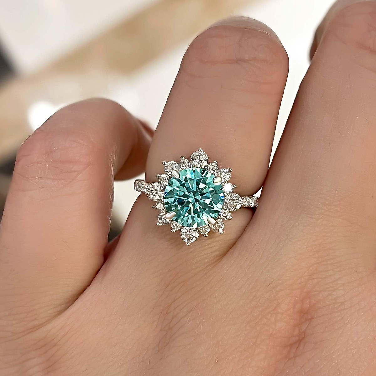 Effinny Moissanite Engagement Ring Snowflake Design Halo Round Cyan Blue Promise Ring for Her 925 Sterling Silver 18K White Gold Plated Anniversary Ring (Size : 7)