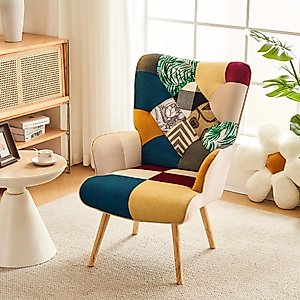Fahomiss Accent Chair, Living Room Chair, Modern High Back Armchair, Colorful Patchwork Reading Chairs for Bedroom, Lounge Chair with Linen Fabric Shell and Solid Wood Feets (1, Colorful)