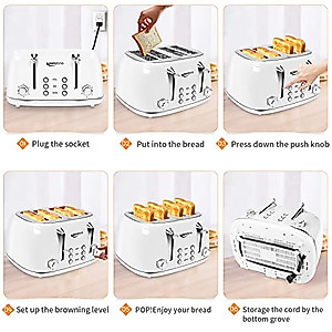 Toaster 4 Slice Stainless Steel Toaster with Bagel, Cancel, Defrost Function, Keenstone 4 Slice Toaster with Removable Crumb Tray, 4 Extra Wide Slots, 6 Shade Settings, White