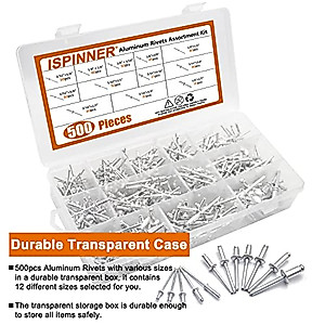 ISPINNER 500pcs 12 Sizes Aluminum Blind Rivets, Pop Rivets Assortment Kit 3/32" 1/8" 5/32" 3/16" 1/4" (Silver)