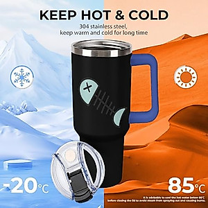 Cartoon Fish Bone 40oz Water Bottle Double Wall Insulated Tumbler with Handle Leakproof Travel Mug Deep Blue-style