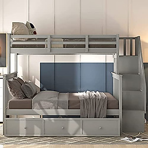 Harper & Bright Designs Twin Over Full Bunk Bed with Storage Drawer, Wood Bunk Beds with Stairway, Storage Shelf and Full-Length Guard Rail, Kids bunk Bed Twin Over Full, No Box Spring Needed (Gray)