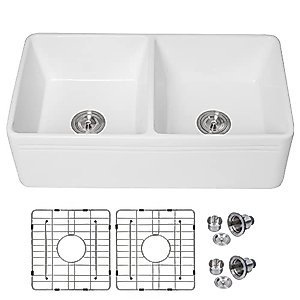 33 White Double Bowl Kitchen Sink - Lordear 33 Inch Farmhouse Kitchen Sink Double Bowl 50/50 White Fireclay Ceramic Porcelain Apron Front Farm Double Basin 50/50 Farmer Kitchen Sink Basin