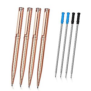 WEMATE 4Pcs Slim Retractable Ballpoint Pens, Extra 4Pcs Ink Refills in Black and Blue, Metal Pen 1.0mm Medium Point, Writing Pens with Gift Box for Office,Students, Teachers and Wedding Rose Gold