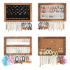 Jewelry Organizer Wall Mounted 4 Pack Rustic Wood Jewelry Display Organizer Holder with Hooks for Ear Rings, Necklaces and Bracelet(Hook + Stencil + Rings + Corkboard)