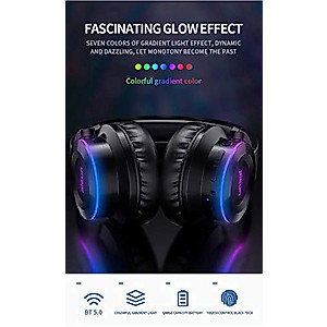 Wireless Glowing Headset Foldable Headphones Bluetooth 5.0 Fingers Touch Control with MIC TF Card 3.5mm Audio Port deep bass (Black Color)