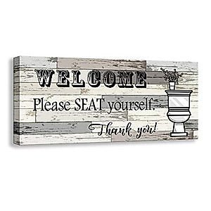 Kas Home Funny Vintage Bathroom Canvas Wall Art | Rustic Bathroom Welcome Prints Decorative Signs Framed | Restroom Washroom Wall Decor (6 x 12 inch, Welcome - 01)