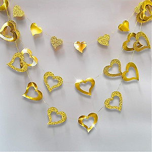 Cheerland 56.4 Ft Glitter Gold Heart Garland Shiny Valentines Day Decoration Mothers Day Banner Backdrop Hanging Decor Engagement Bachelorette Wedding Bridal Shower Streamer Anniversary Party Supplies